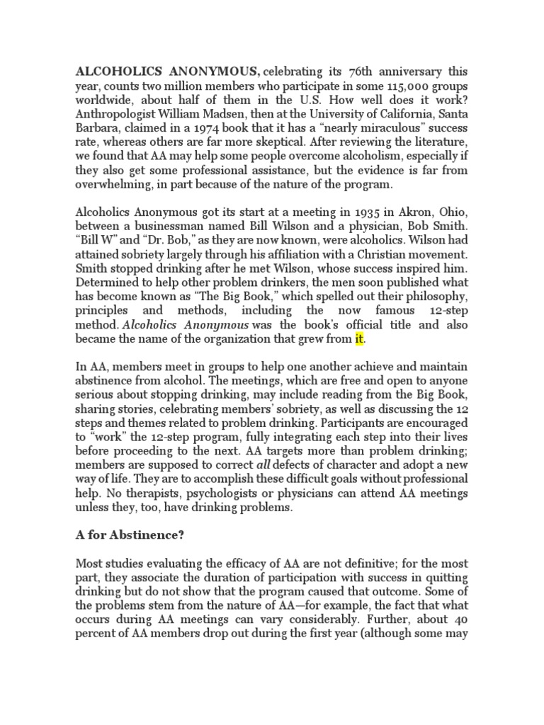 ALCOHOLICS ANONYMOUS, Celebrating Its 76th Anniversary This | PDF ...