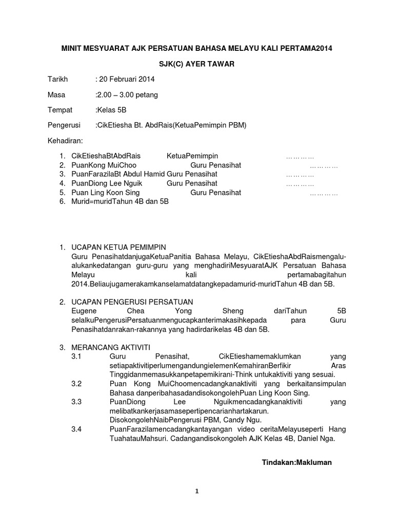 Contoh Minit Mesyuarat Ajk Persatuan Bah | PDF