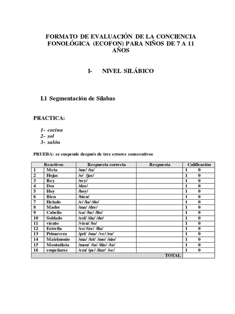 Evaluación de Conciencia Fonológica | PDF | Sílaba | Desorden ...