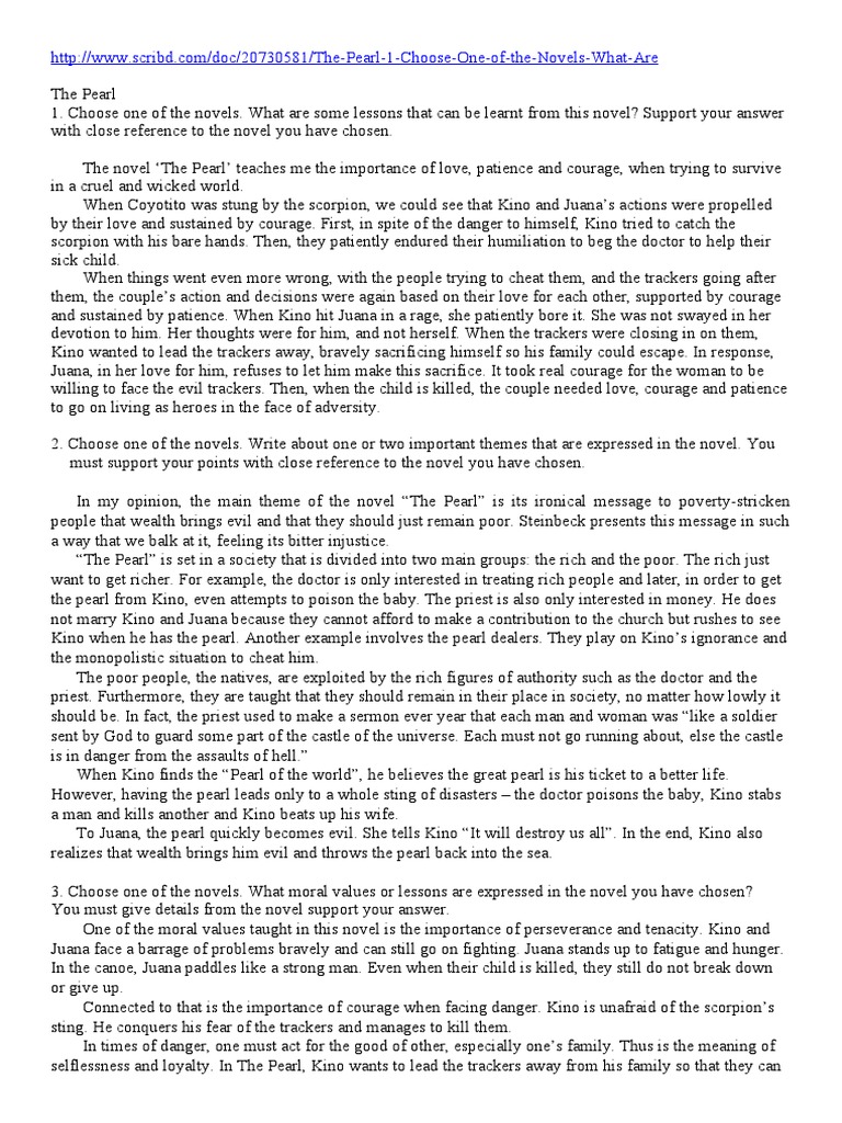 The Pearl (Sample Answers) | PDF | General Fiction