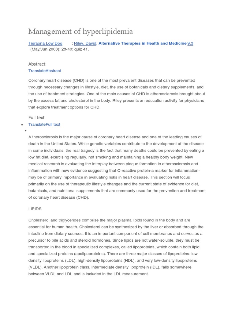 Management of Hyperlipidemia | PDF | Lipoprotein | Saturated Fat