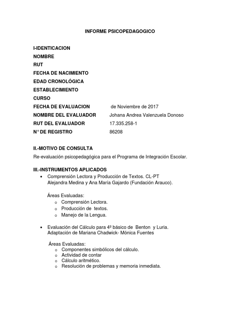 Informe Psicopedagogico Prueba Benton y CLPT | PDF | Comprensión lectora | Aprendizaje