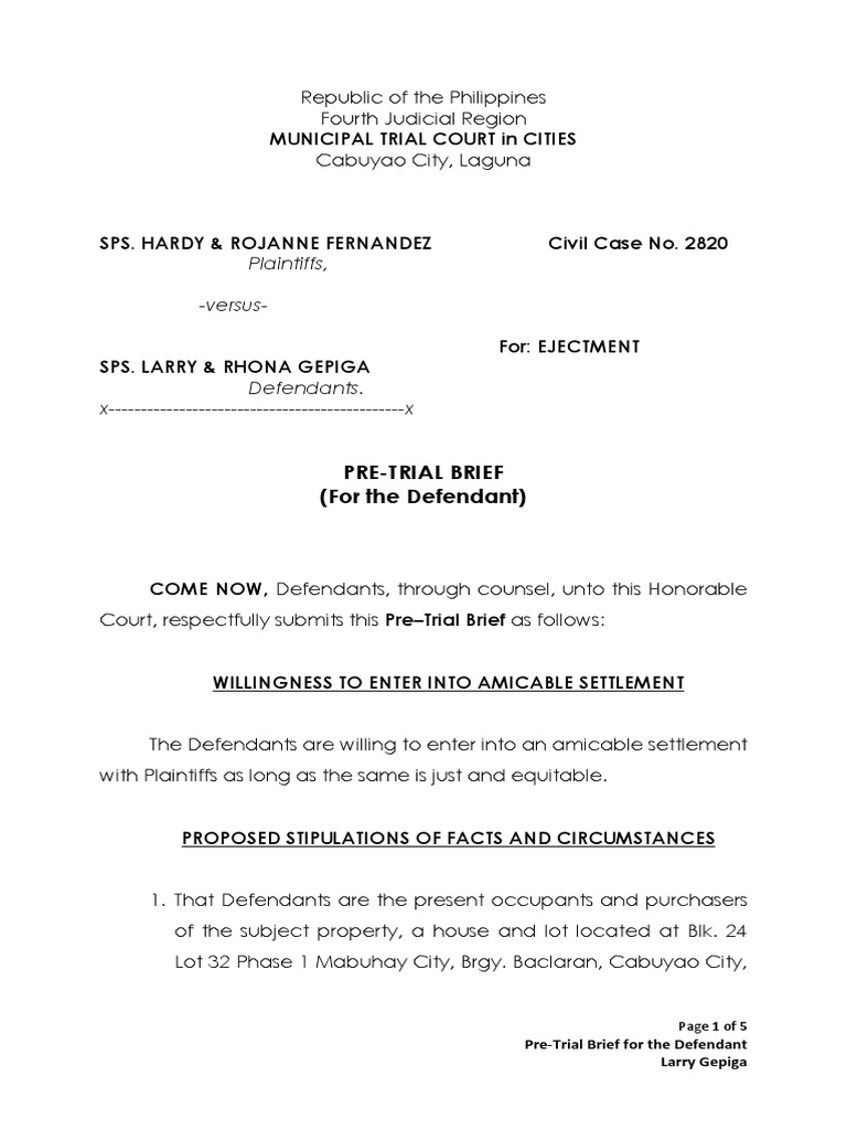 Defendant's Pre-Trial Brief for Ejectment | PDF | Brief (Law) | Lawsuit