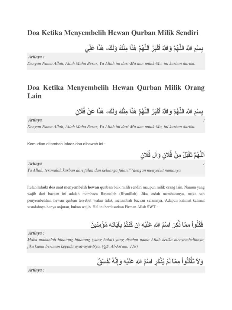 Doa Ketika Menyembelih Hewan Qurban Milik Sendiri | PDF