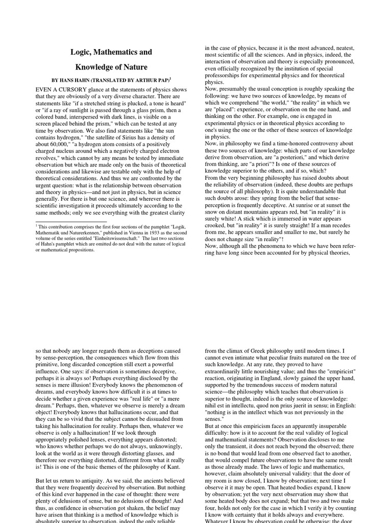 Hans Hahn - Logic, Mathematics and Knowledge of Nature | PDF ...