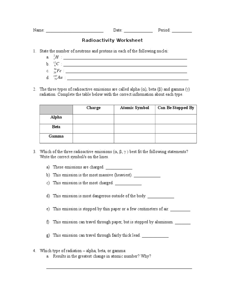Radioactivity Worksheet and Exercises | PDF | Nuclear Physics ...