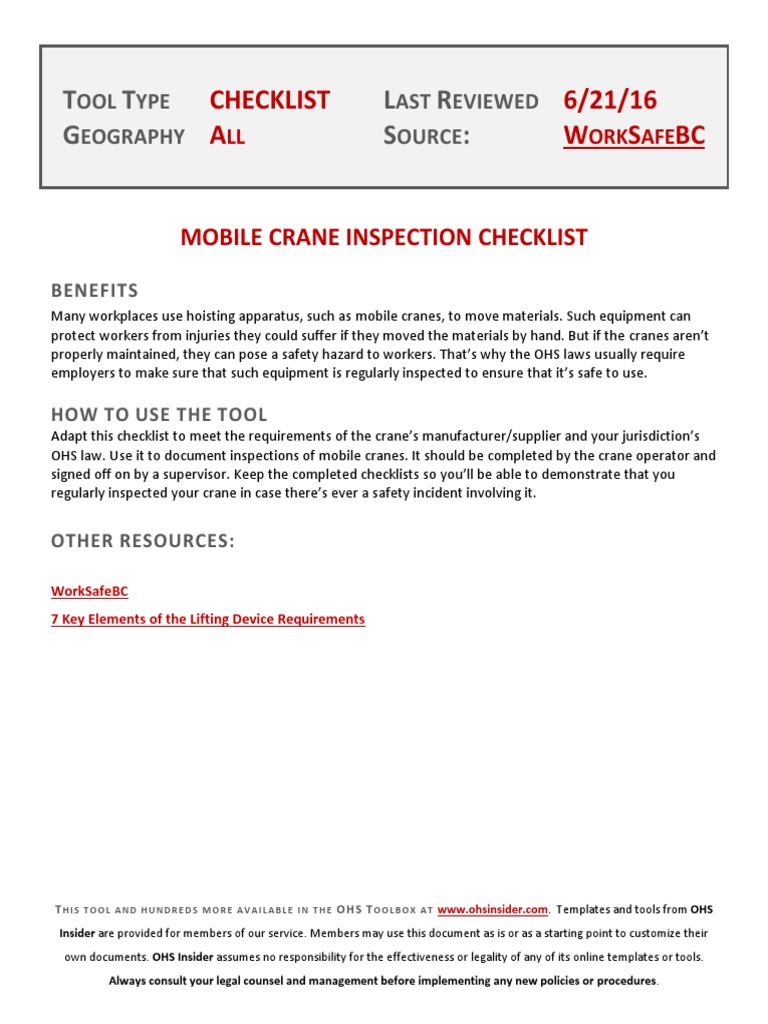 Mobile Crane Inspection Form | PDF | Crane (Machine) | Occupational ...