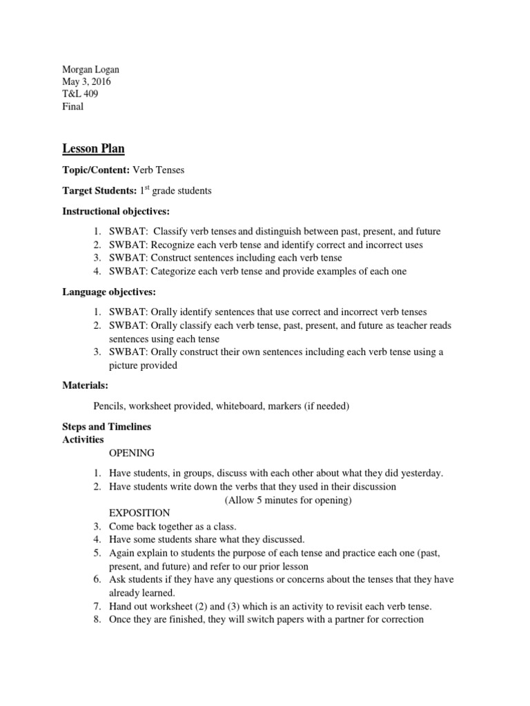 Lesson Plan: Topic/Content: Verb Tenses Target Students: 1 ...