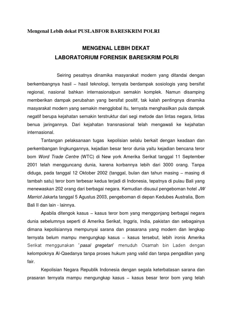 Mengenal Lebih Dekat Puslabfor Bareskrim Polri | PDF