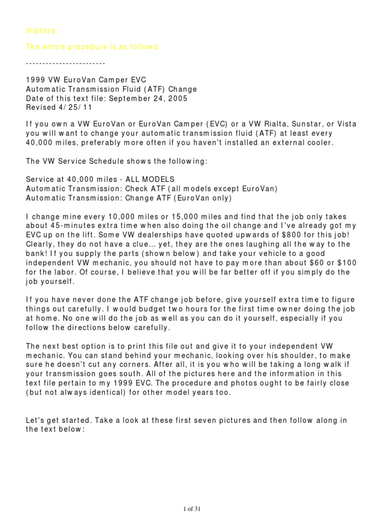 Atf Change Instructions Updated | PDF | Fahrenheit | Transmission ...