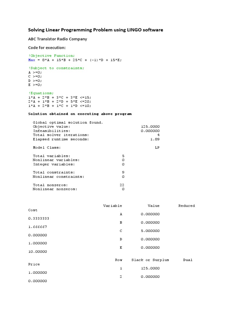 Solving Linear Programming Problem Using LINGO Software: ABC Transistor Radio Company Code For ...