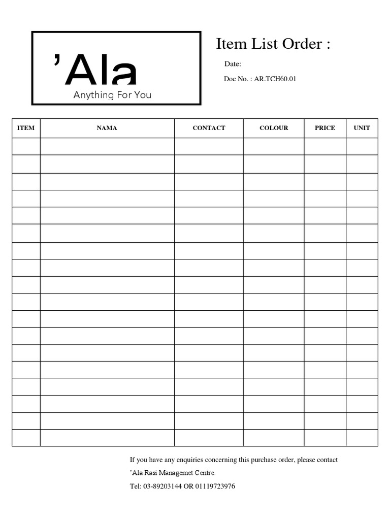 'Ala Rasi: Item List Order | PDF