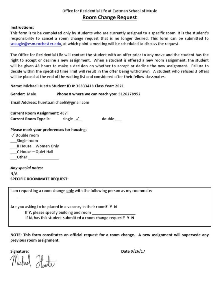 Room Change Request: Snaugle@esm - Rochester.edu | PDF