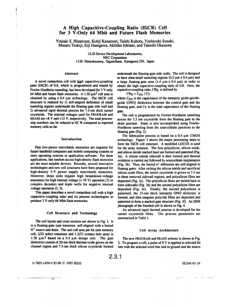 A High Capacitive-Coupling Ratio (Hicr) Cell V-Only 64 Mbit and Future Flash Memories | PDF ...