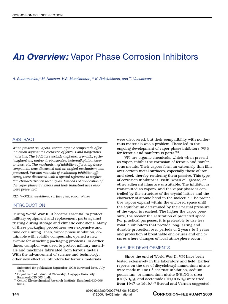 Vapor Phase Corrosion Inhibitors: An Overview