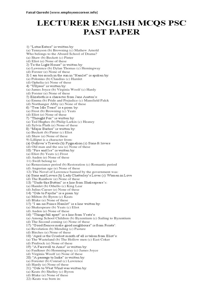 Lecturer English Mcqs PSC Past Paper | PDF | Samuel Taylor Coleridge ...