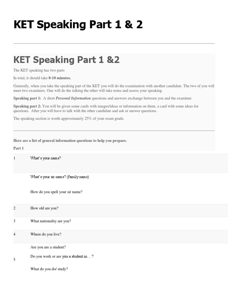 KET Speaking Part 1 & 2 Guide | PDF