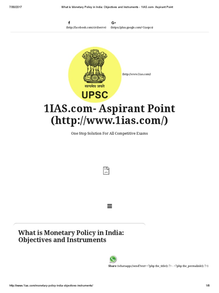 What Is Monetary Policy in India - Objectives and Instruments - 1IAS ...