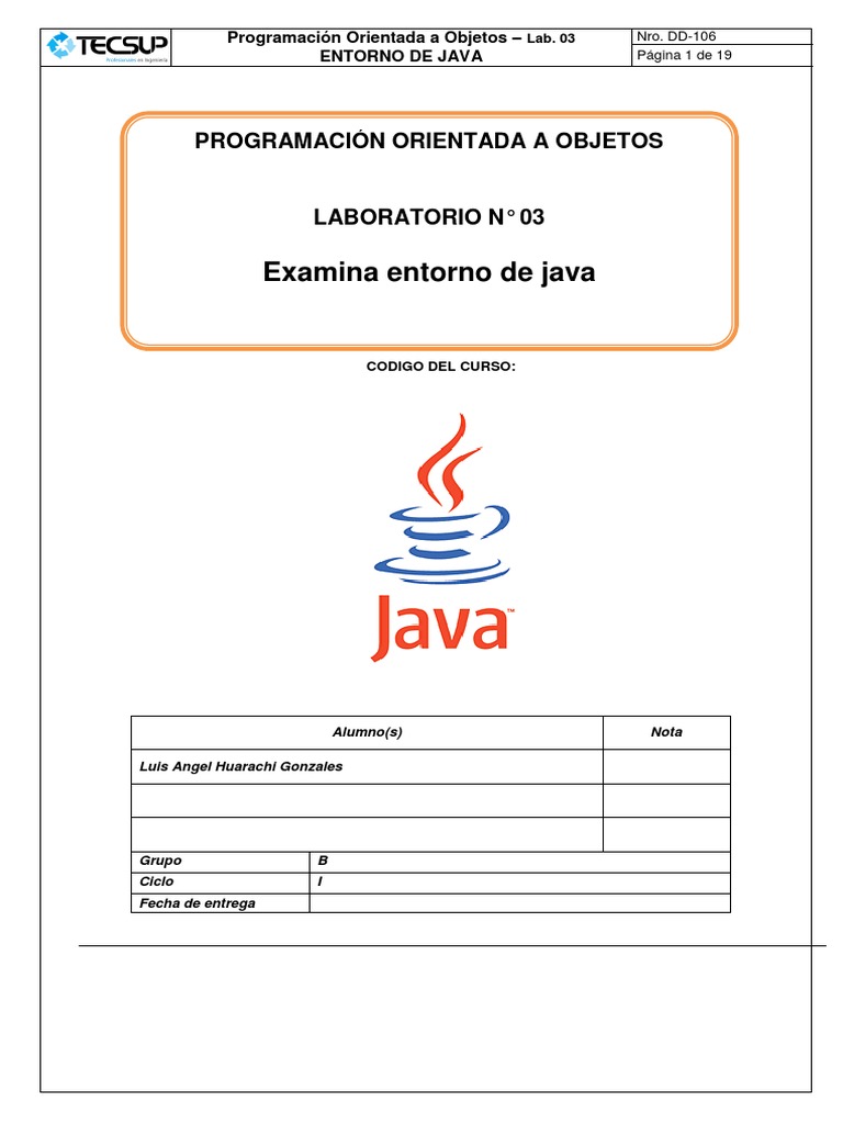 Lab 03 - Examina Entorno de Java | PDF | Java (lenguaje de programación) | Objeto (informática)