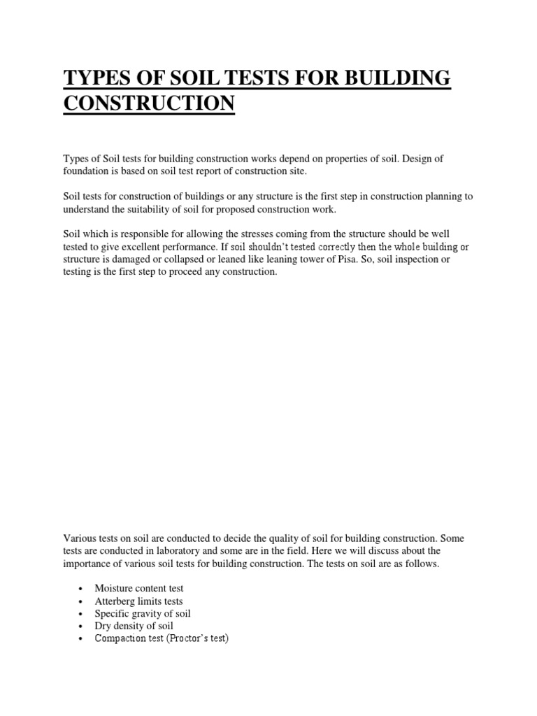 Types of Soil Tests For Building Construction | PDF | Density | Soil