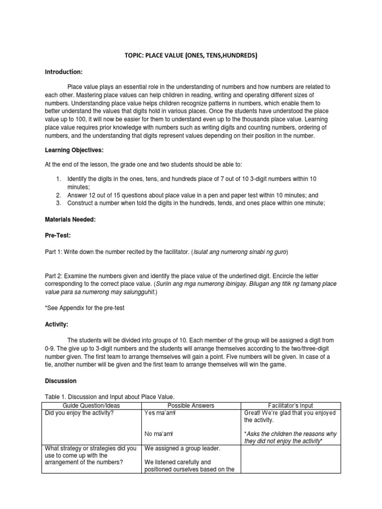 Topic: Place Value (Ones, Tens, Hundreds) : Learning Objectives | PDF ...