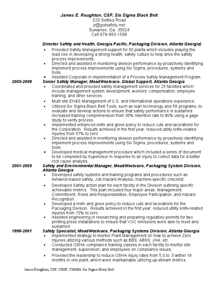 James Roughton CSP Resume of A Seasoned Safety Professional 2010 | PDF ...