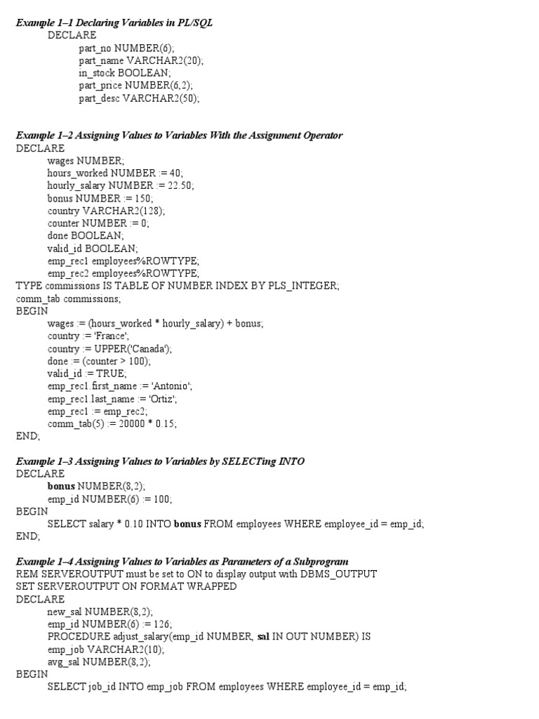 Example 1 1 Declaring Variables In Pl Sql Bonus Number 8 2 Pdf