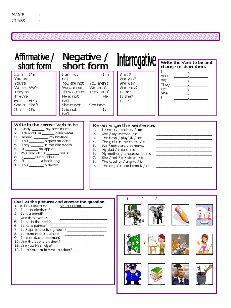Name: Class:: Write The Verb To Be and Change To Short Form | PDF ...