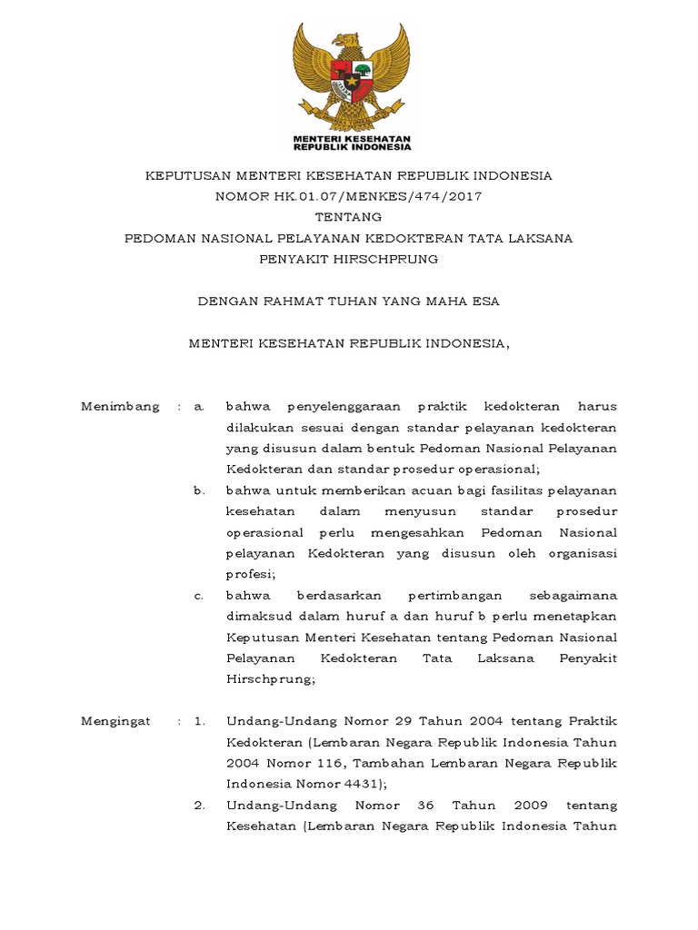 KMK No. HK .01 .07-MENKES-474-2017 TTG Pelayanan Kedokteran Tata Laksana Penyakit Hirschprung | PDF