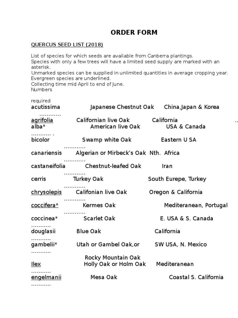 Order Form: Q Uercus Seed List (201 8) | PDF | Home & Garden