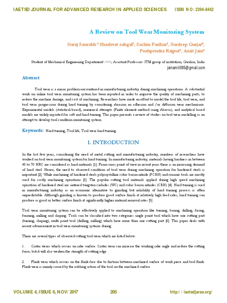 A Review On Tool Wear Monitoring System Pdf Wear Machining