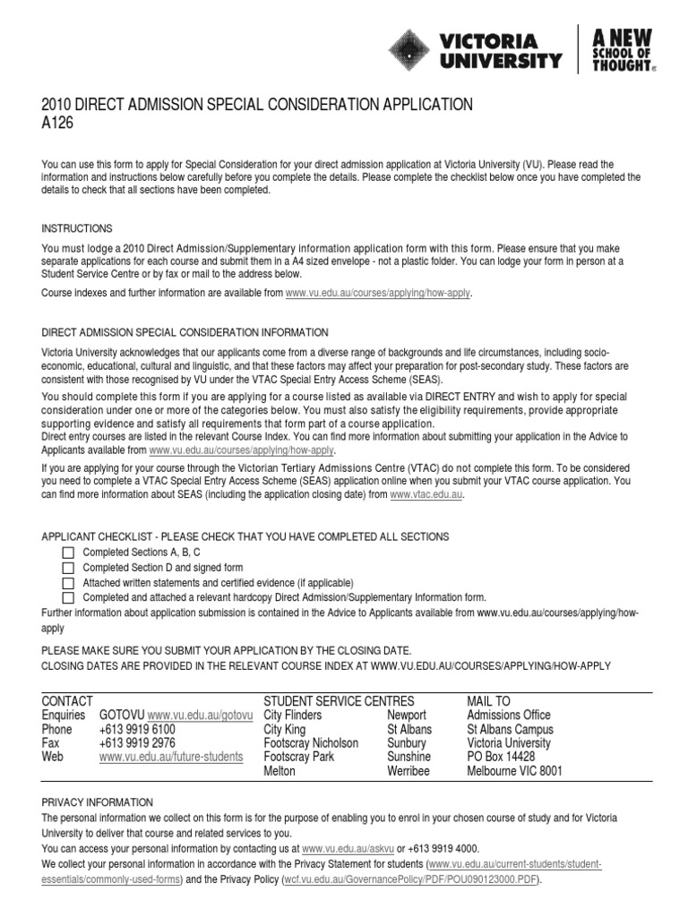A126 Direct Admission Special Consideration Application | PDF ...