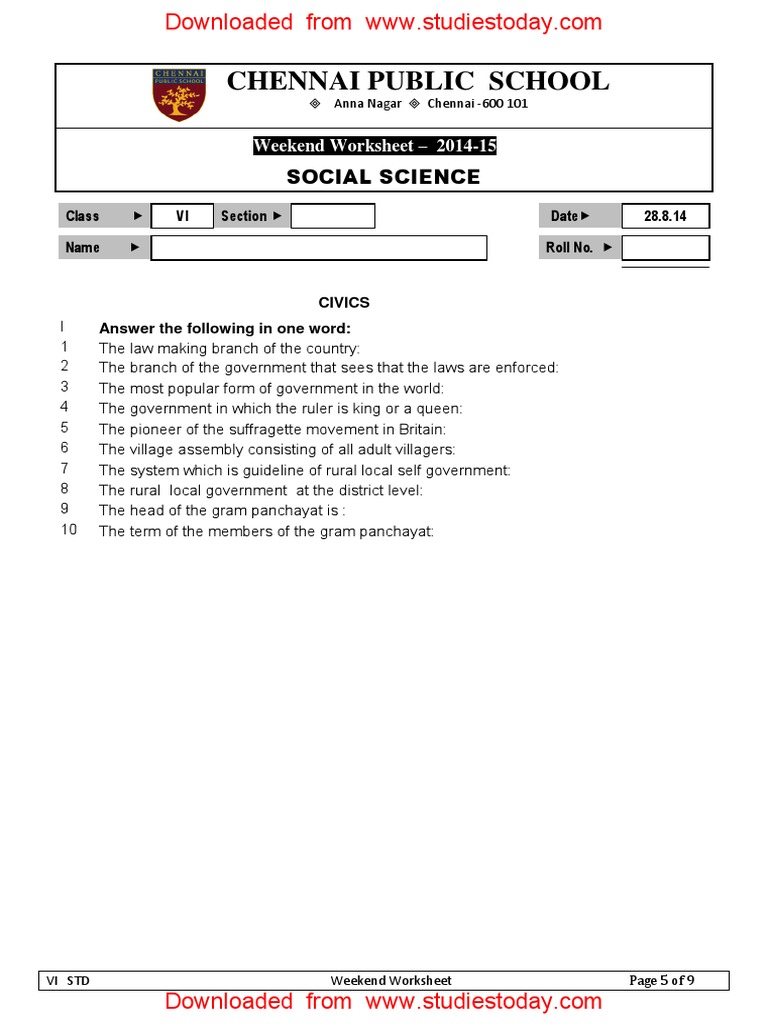 CBSE Class 4 Social Studies Worksheet - Civics | PDF