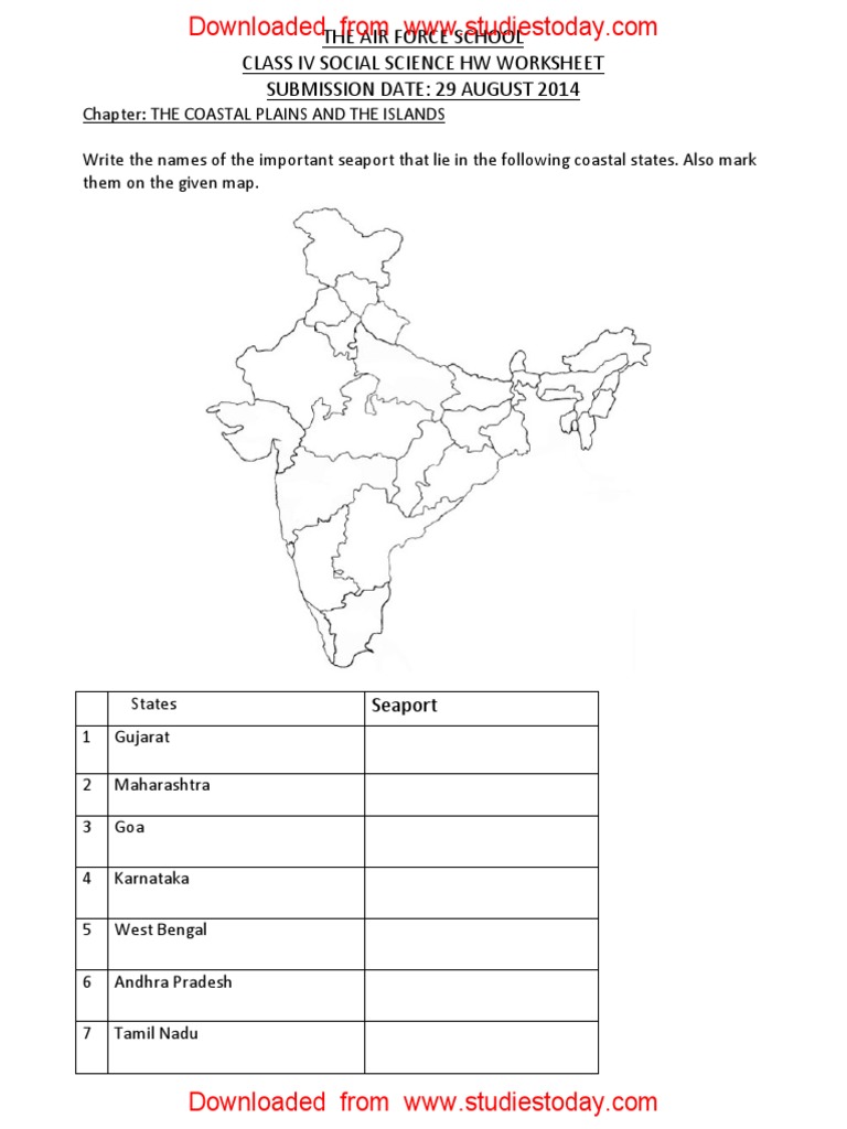 CBSE Class 4 Social Studies Worksheet - Coastal Plains and The Islands