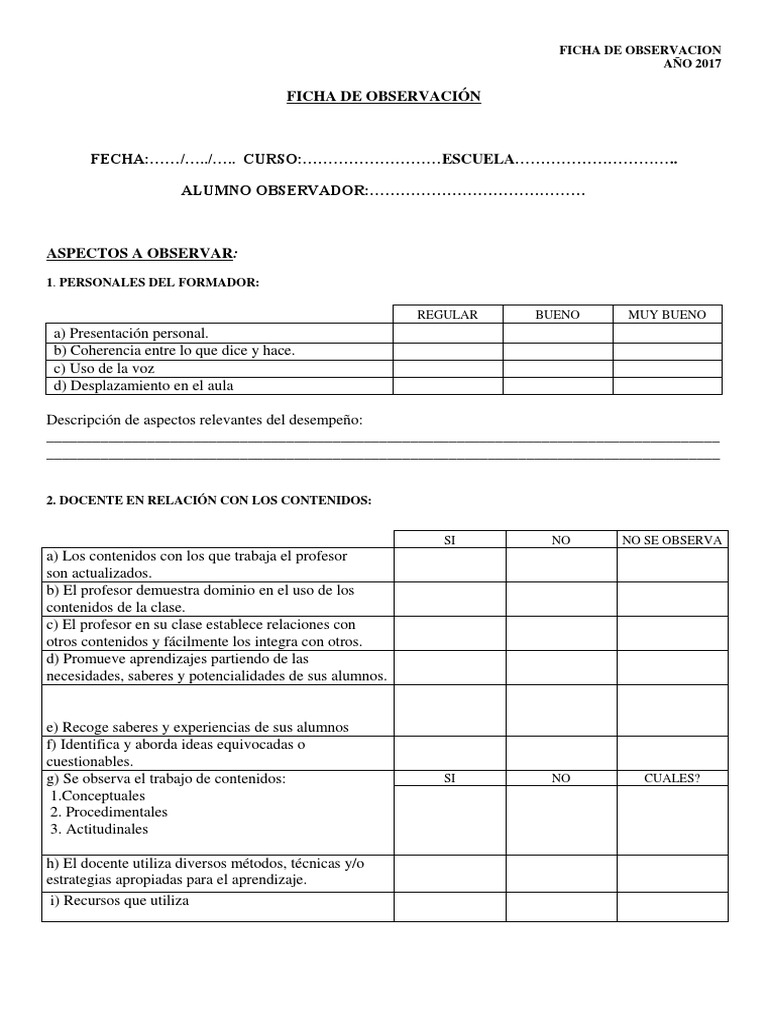 FICHA DE OBSERVACIÓN-1.pdf | Salón de clases | Maestros