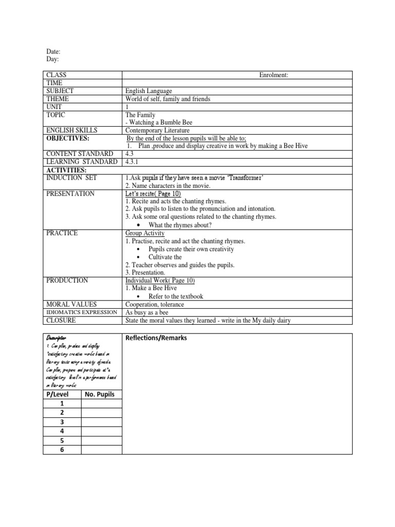 Lesson Plan Year 5 Primary UNIT 1 POEM Watching A Bumble Bee | PDF ...