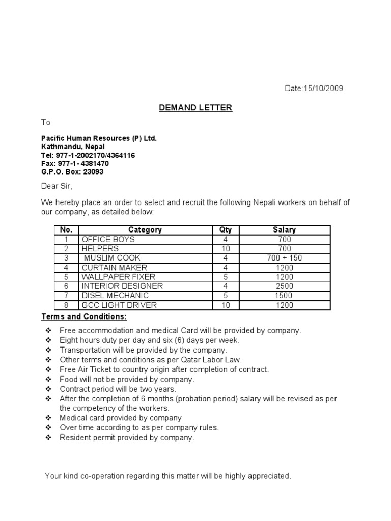 Pacific Human Demand Letter | PDF | Employment | Travel Visa