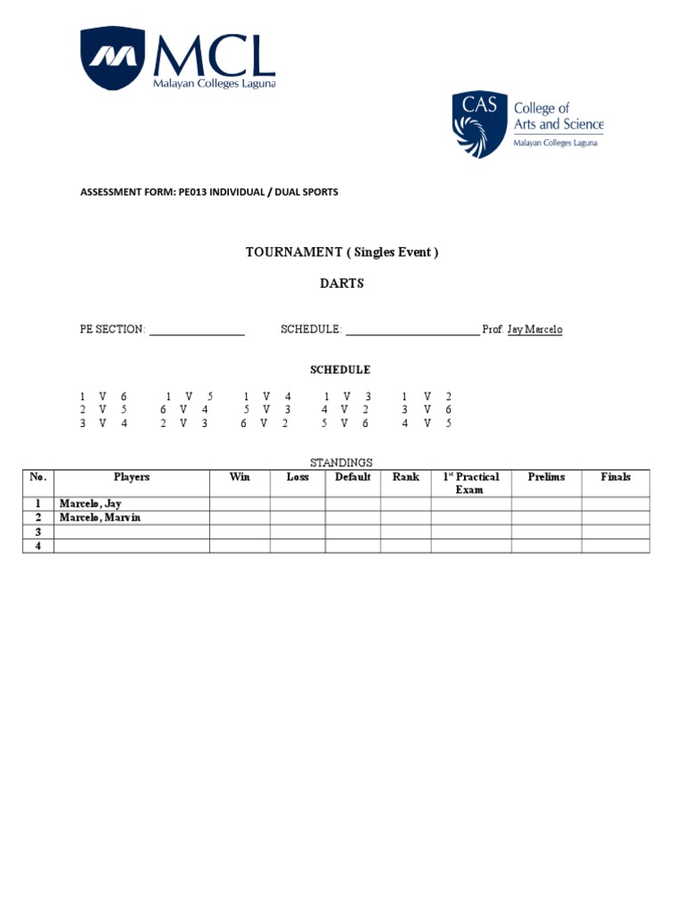 TOURNAMENT (Singles Event) Darts: Assessment Form: Pe013 Individual ...