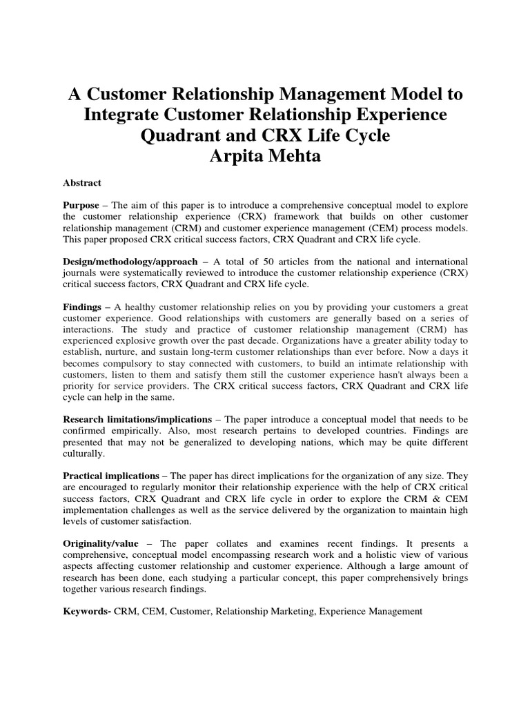 A Customer Relationship Management Model To Integrate Customer Relationship Experience Quadrant ...