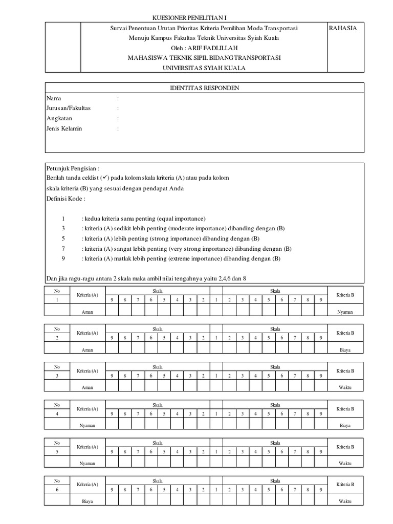 Contoh Kuesioner AHP 1 | PDF