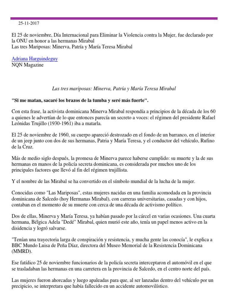 Las Tres Mariposas Minerva, Patría y María Teresa Mirabal | PDF ...
