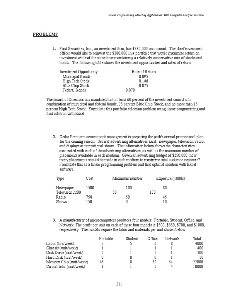 Problems: Linear Programming Modeling Applications: With Computer ...