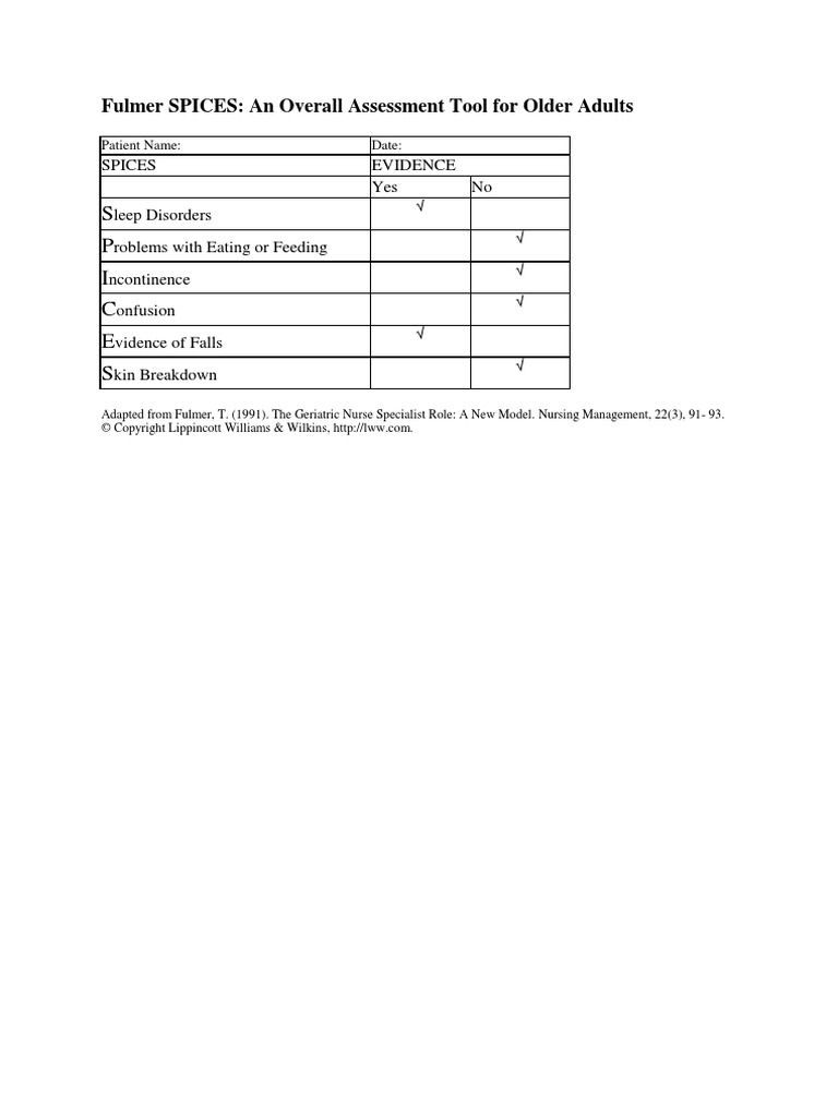 S P I C E S: Fulmer SPICES: An Overall Assessment Tool For Older Adults ...