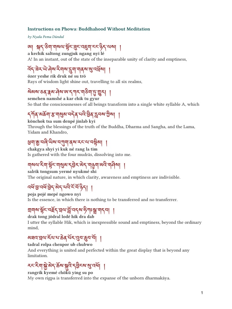 Instructions On Phowa: Buddhahood Without Meditation: by Nyala Pema ...