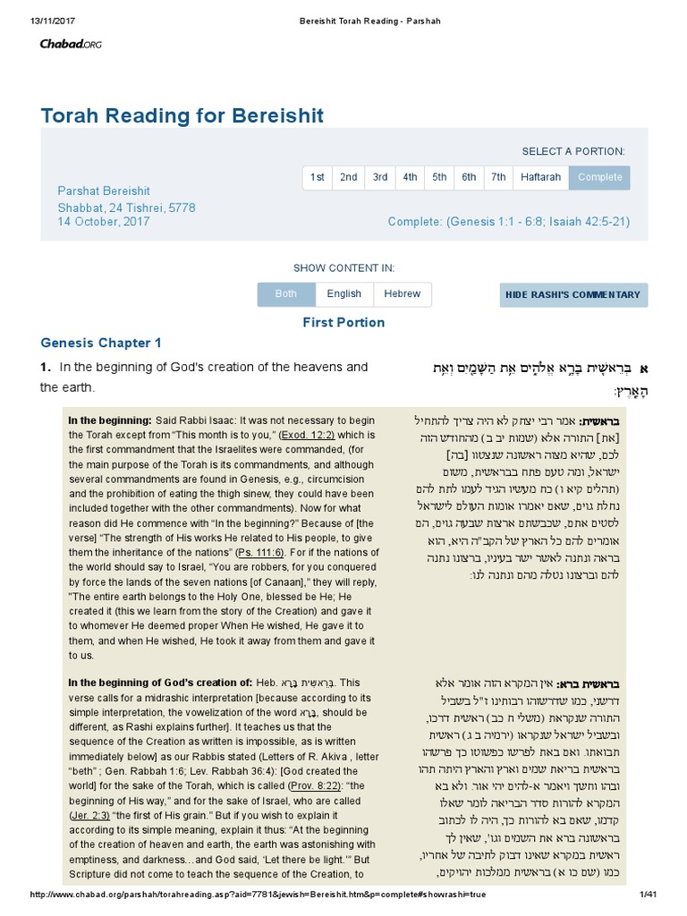 Bereishit Torah Reading - Parshah | PDF | Bereshit (Parsha) | Jewish ...