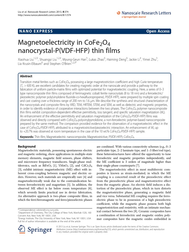 Magnetoelectricity in Cofe O Nanocrystal-P (VDF-HFP) Thin Films | PDF ...