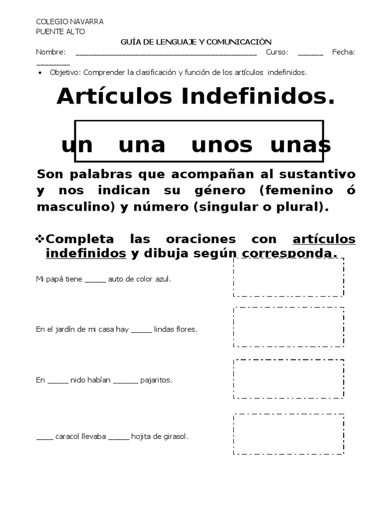 Artículos Indefinidos. un una unos unas: Guía De Lenguaje Y Comunicación