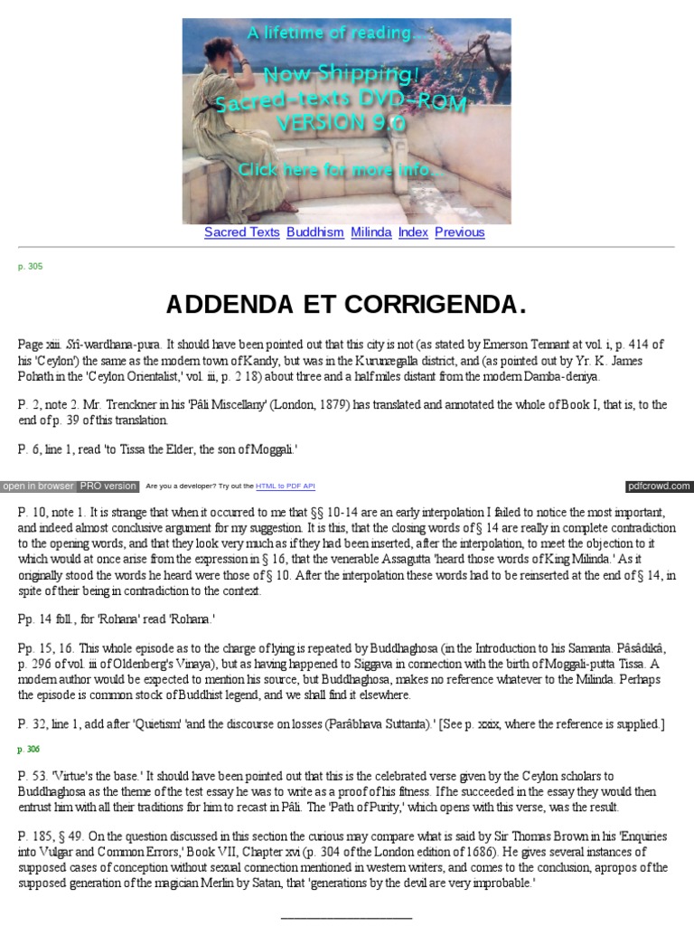 Addenda Et Corrigenda.: Sacred Texts Buddhism Milinda Index Previous | PDF | Html | Religion And ...