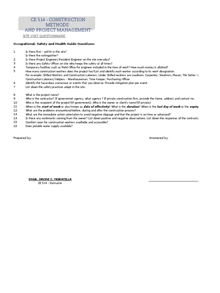 Site Visit Questionnaire Overview | PDF