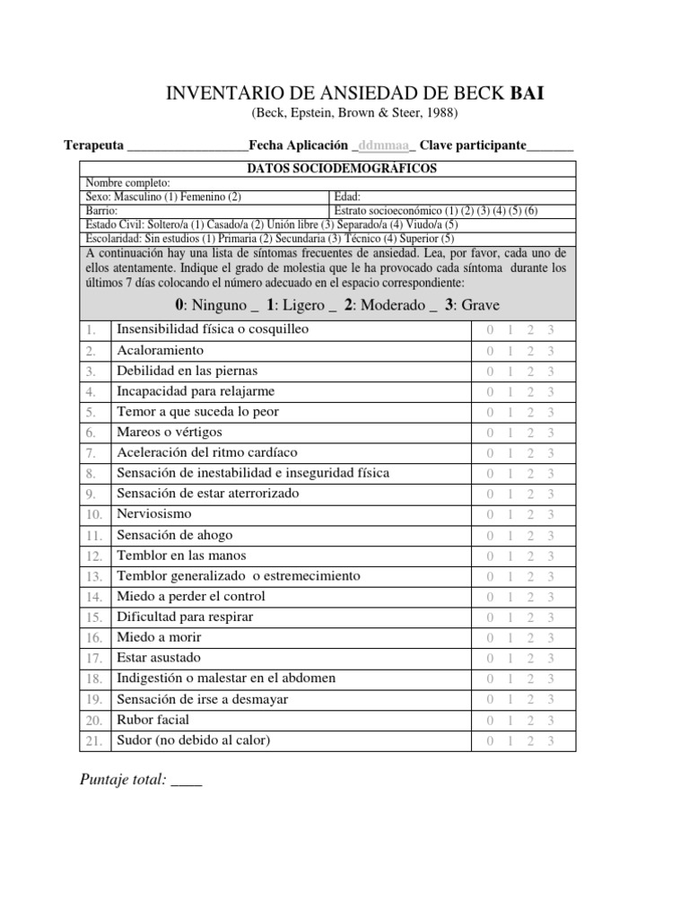Inventario De Ansiedad De Beck Bai: 0: Ninguno _ 1: Ligero _ 2 ...